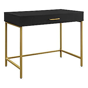 OSP Home Furnishings Modern Life Contemporary Writing Desk with Large Drawer and Gold Metal Legs, Black Finish