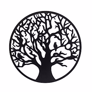Asense 24 Inch Metal Tree Leaf Wall Art Sculptures Home Decor Hanging Round Tree of Life Home Garden Bedroom Living Room Indoor Outdoor Decoration (Tree-Round-Black)