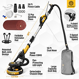 Drywall Sander with Labor-Saving Strap, Electric Sander for Drywall with Vacuum Attachment, Auto Dust Collection, 7 Variable Speed 900-1800RPM, Power Ceiling Sander for Drywall, Popcorn Ceiling etc