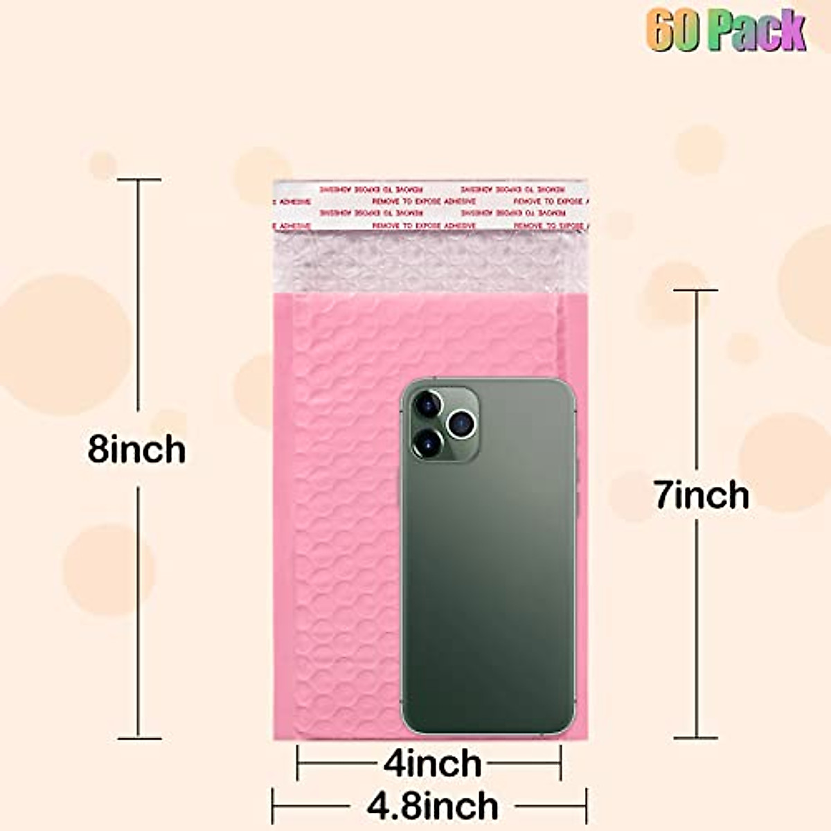 4 x 8 Inch Bubble Mailers 60 Pack, Self-Seal Poly Padded Envelope, Waterproof Shipping Bags for Small Business, Light Pink