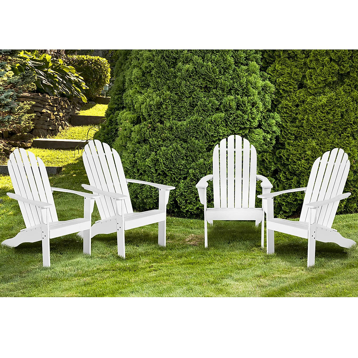 Tangkula Adirondack Chair, Acacia Wood Adirondack Lounger Chair, Outdoor Armchairs with Slatted Seating, Weather Resistant, for Patio Deck Lawn Backyard, Garden Adirondack Furniture (4, White)