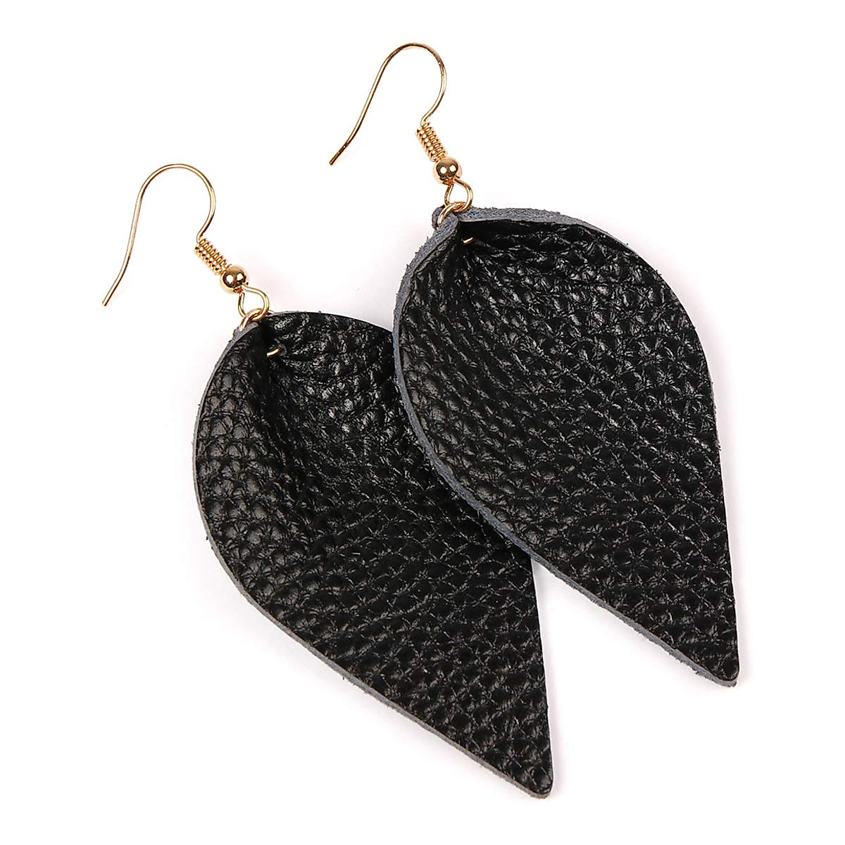 Bohemian Lightweight Genuine Real Leather Geometric Drop Statement Earrings - Petal Leaf, Triple Feather, Teardrop Dangles, Scallop Disc Hoop (Leaf - Black)