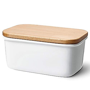 Sweese 301.101 Large Butter Dish - Porcelain Keeper with Beech Wooden Lid, Perfect for 2 Sticks of Butter, White