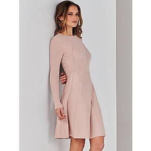 ANRABESS Women Midi Sweater Dress Long Sleeve Crewneck High Waist Casual A-Line Pleated Dresses Pink Small