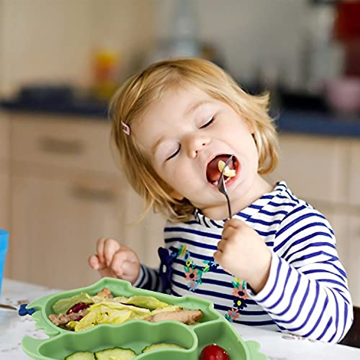 Linowos Silicone Suction Plate for Toddlers - Self Feeding Training Divided Plate Dish and Bowl for Baby and Toddler, Fits for Most Highchairs Trays (Green)