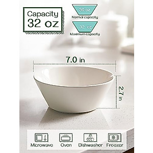 DOWAN 32 OZ Large Soup Bowls Set of 4 - White Ceramic Bowls for Ramen, Cereal, Pasta, Salad, Fruit - Dishwasher & Microwave Safe