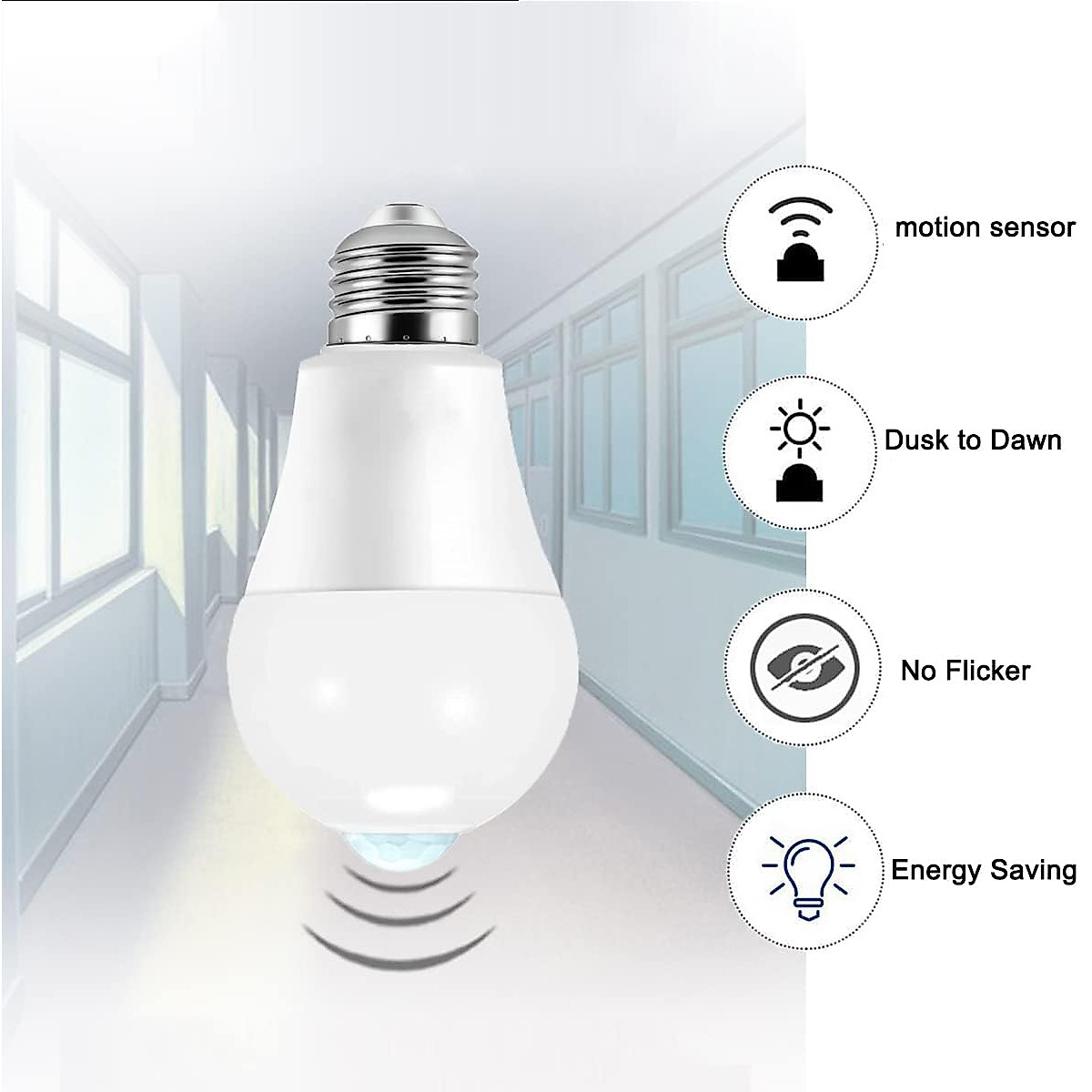 Motion Sensor Light Bulbs, 9W (60W Equivalent) A19 E26 5000K, Motion Detector Auto Activated Dusk to Dawn Security Bulbs, Outdoor/Indoor for Porch Garage Basement Hallway Closet (Daylight 2 Pack)