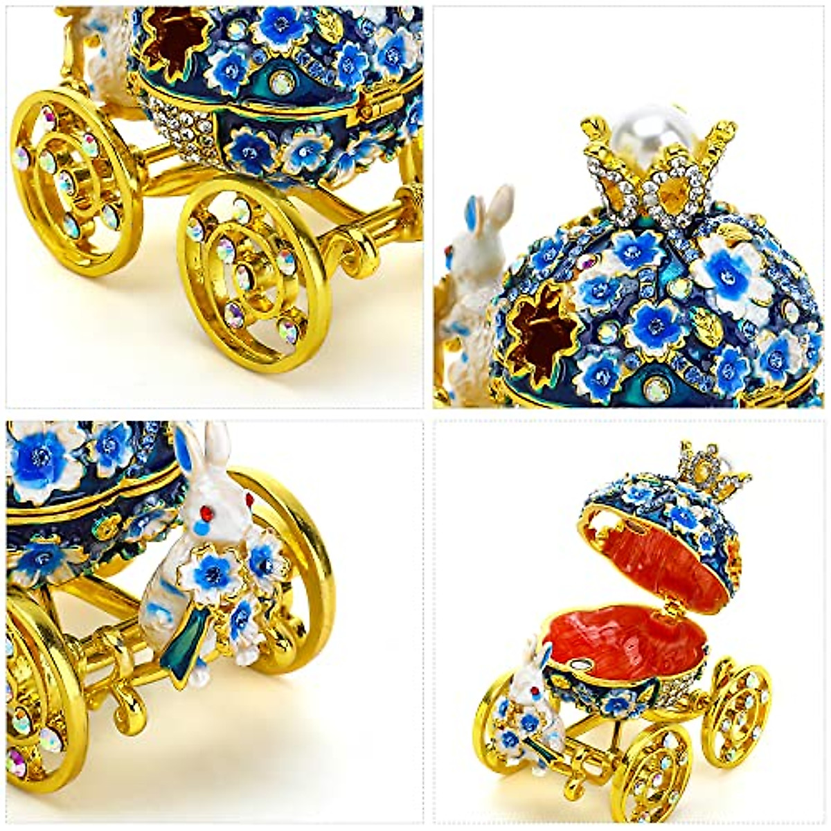 YU FENG 3'' Hand Painted Enamel Pumpkin Carriage Trinket Box With Bunny Flowers Hinged Jewelry Organizer with Crystals Ring Earrings Storage Home Decor Figurine Keepsake Collectible