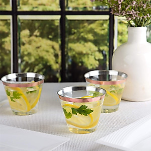 PLASTICPRO 9 oz Disposable Plastic Party Cups,Old fashioned Designed Tumblers, Crystal Clear (Clear With Rose Gold Rim, 100)