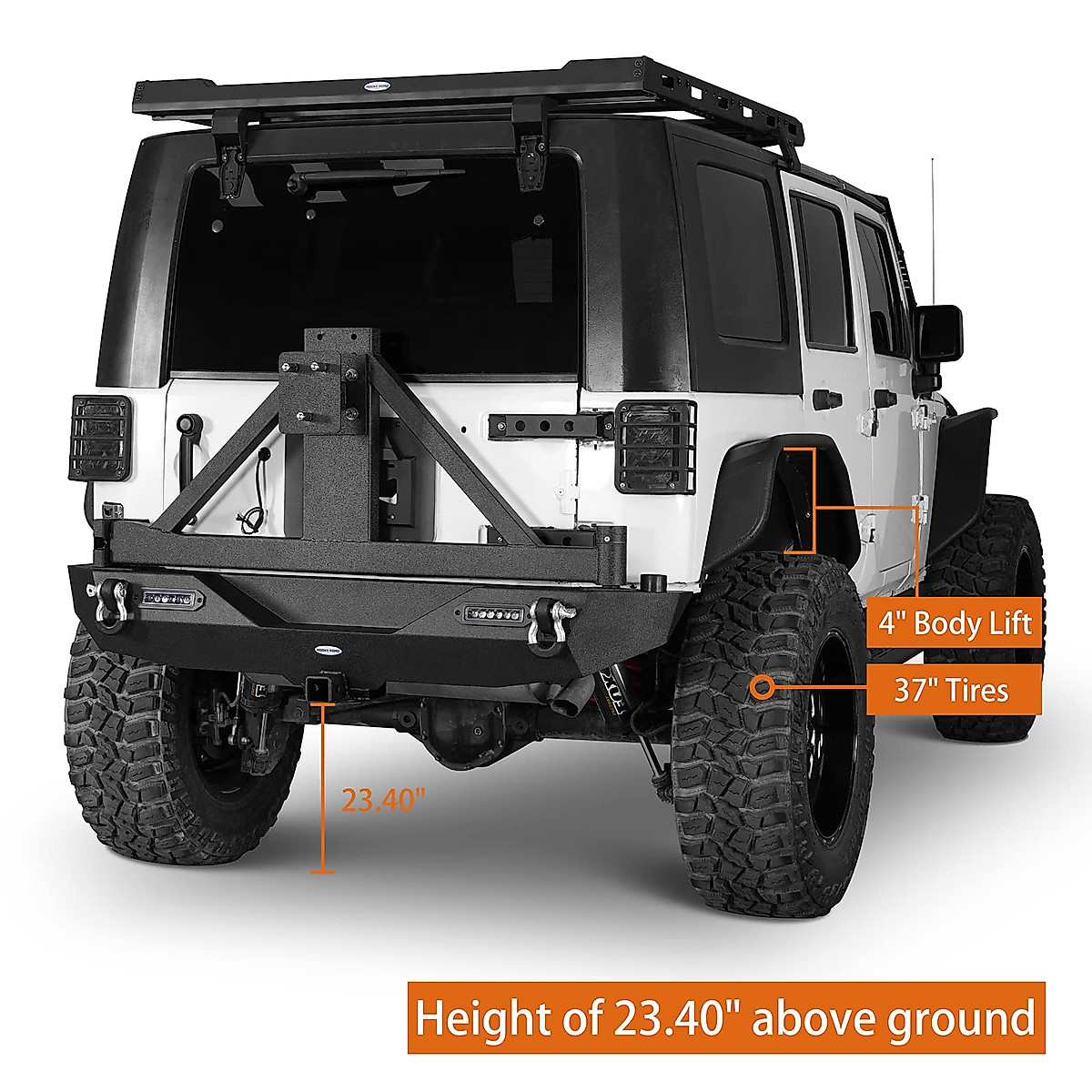 Hooke Road Offroad Rear Bumper with Spare Tire Carrier for 2007-2018 Jeep Wrangler JK & Unlimited 2/4 Doors, Built-in Hitch Receiver & LED Lights & D-rings