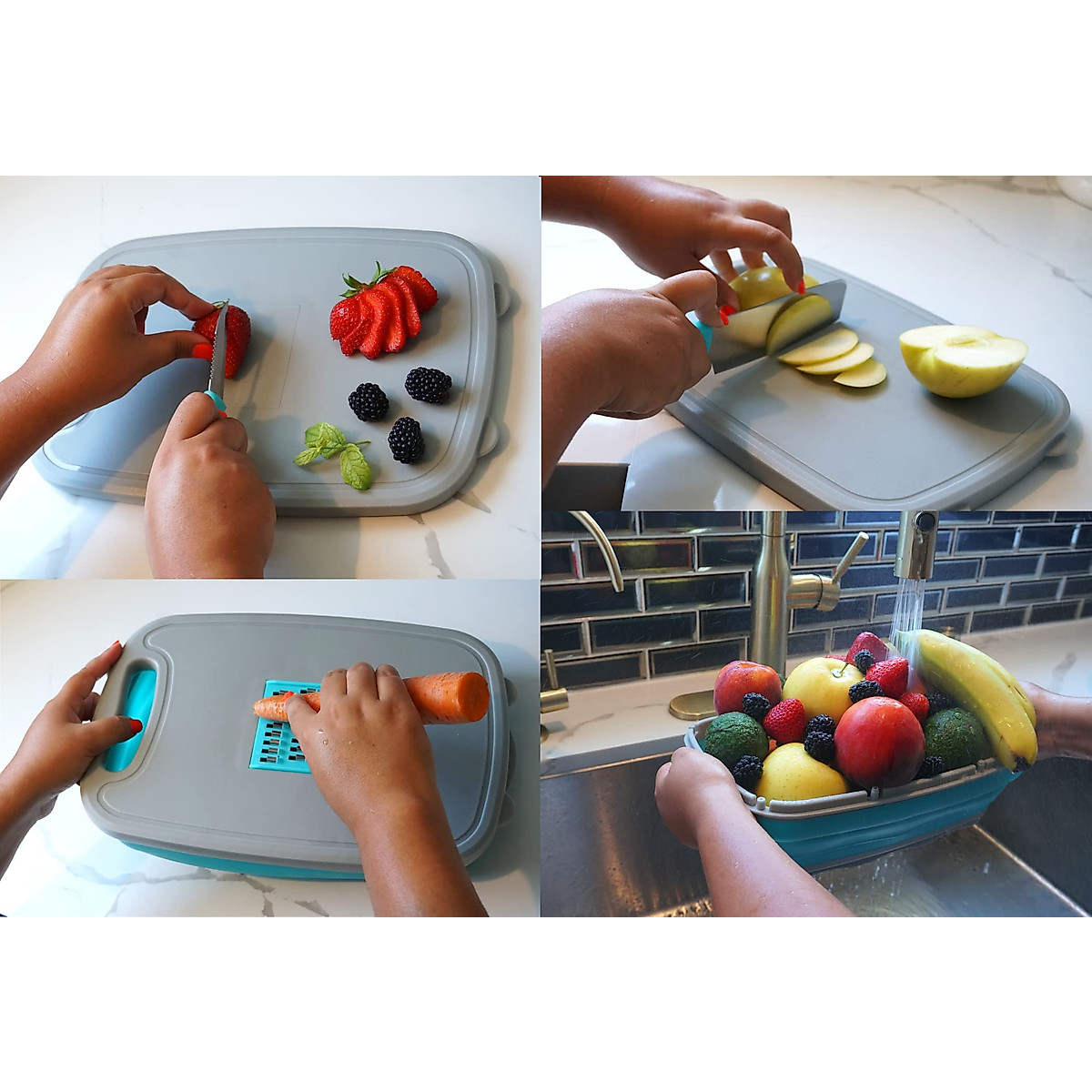 Cutting Board with Foldable Colander 10-in-1 Multipurpose Set Sturdy Compact Space-Saving Easy Cleaning Machine Washable Ideal for Kitchen Apartments Dorms Parks Picnics Beach Camping Travel RVs