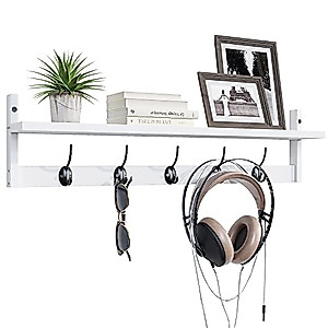 BAMEOS Wall Hooks with Shelf Entryway Wall Hanging Shelf Wood Coat Hooks for Wall with Shelf Wall-Mounted Coat Hook Rack with 5 Dual Hooks for Bathroom, Living Room, Bedroom (White-with Shelf)
