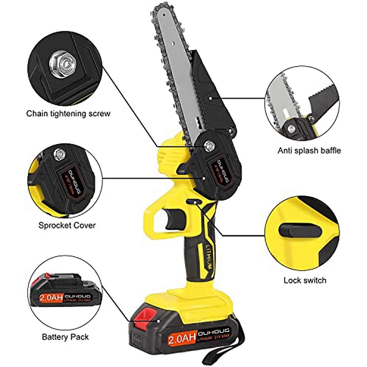 Mini Chainsaw Cordless 6 Inch, Handheld Chainsaw with Replacement 4Inch and 6Inch Guide Plates, Small Chainsaw with 2 Batteries 4 Chains For Cutting Wood, Tree Trimming, Garden Pruning