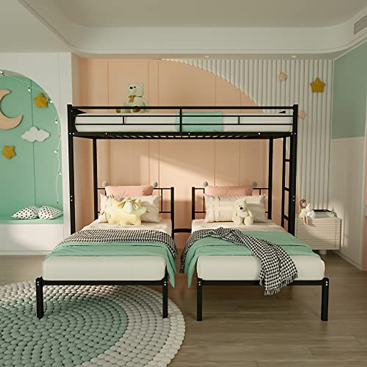 Dolonm Triple Bunk Beds, Twin Over Twin Bunk Beds for 3, Metal Triple Bunk Bed with Guardrails, 3 Twin Bunk Beds for Kids Teens Boys Girls (Black)