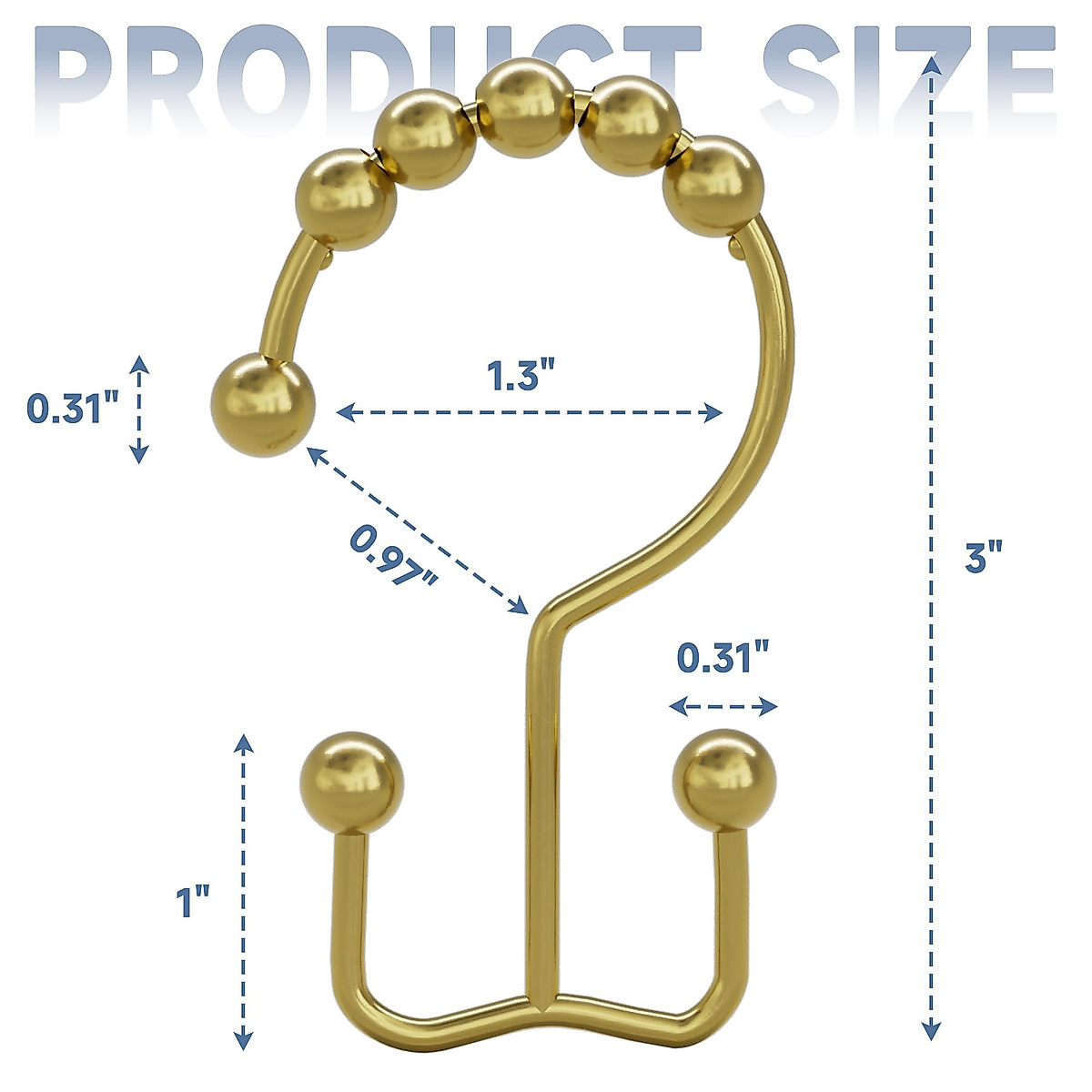 Titanker Gold Shower Curtain Hooks Rings, Rust-Resistant Metal Double Glide Shower Hooks Rings for Bathroom Shower Curtains Rods, Set of 12 Hooks - Gold