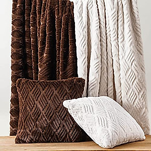 BATTILO HOME White Cream Faux Fur Throw Blanket for Couch, Soft Couch Blanket Cozy Fur Blanket Throw 50"x60", with 1 Fur Pillow Cover 18"x18",Ivory