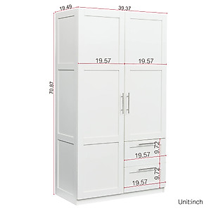 High Wardrobe and Kitchen Cabinet with 2 Doors, 2 Drawers and 5 Storage Spaces,White