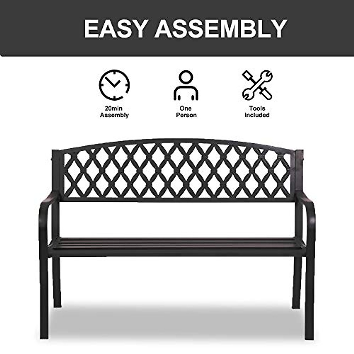 Patio Bench Outdoor Bench Garden Bench Park Yard Furniture 400 lbs Durable Cast Iron Metal Outdoor Seating for Yard Porch Lawn Deck Entryway Backyard, Black