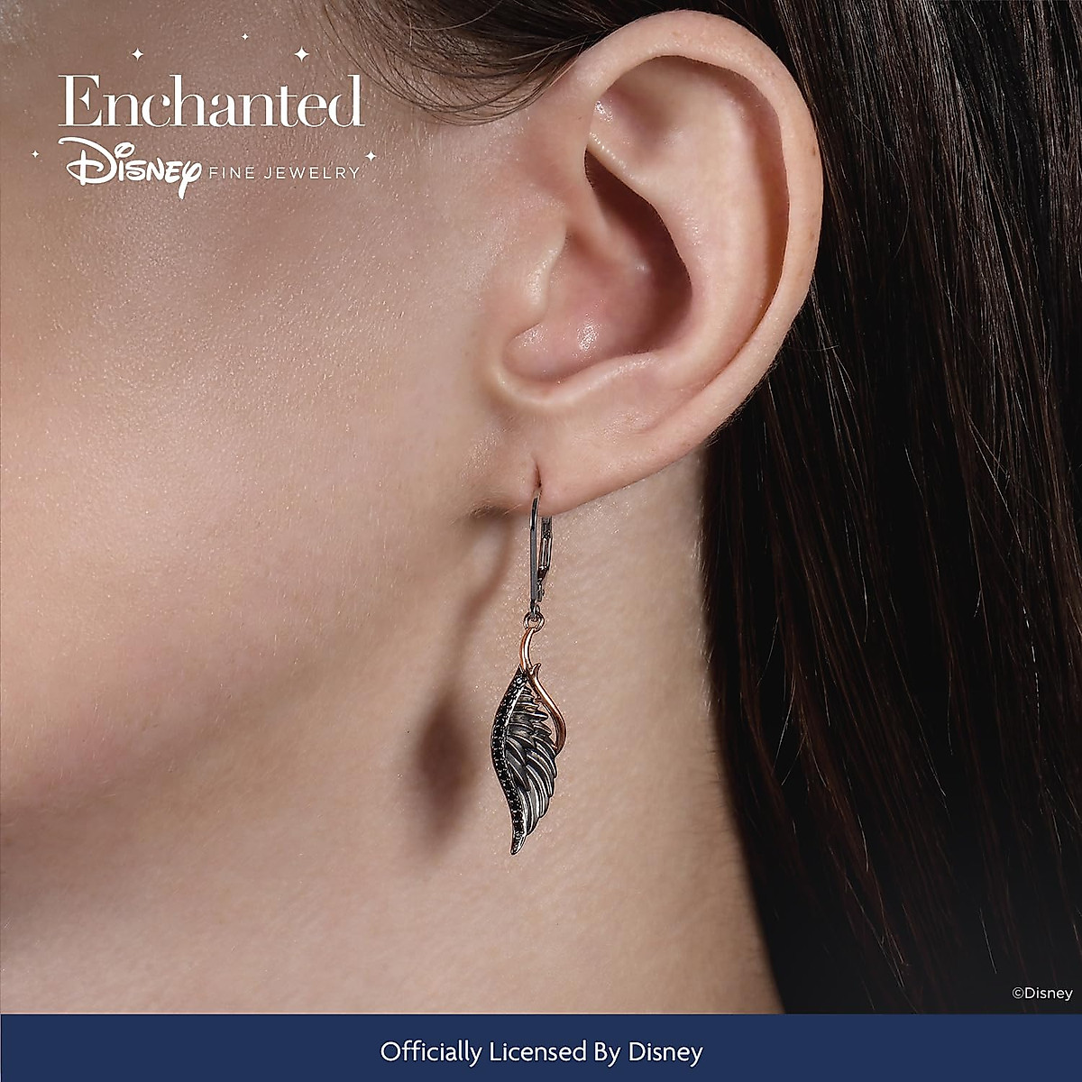 Jewelili Enchanted Disney Fine Jewelry 10K Rose Gold and Black Rhodium over Sterling Silver 1/5 Cttw Treated Black Round Diamond Maleficent Earrings