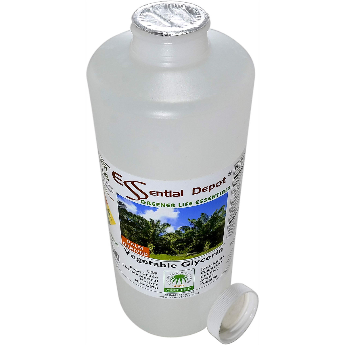 Glycerin Vegetable - 1 Quart (43 oz.) - Non GMO - Sustainable Palm Based - USP - Kosher - Pure - Pharmaceutical Grade - Safety Sealed HDPE Container with resealable Cap