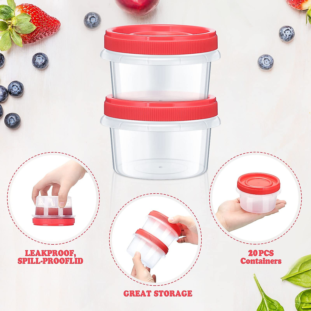 Cunhill 20 Pcs Food Storage Containers Freezer Containers for Food Round Plastic Containers with Screw Lids Clear Stackable Food Containers for Kids, Freezer and Dishwasher Safe(Red, 10 oz)