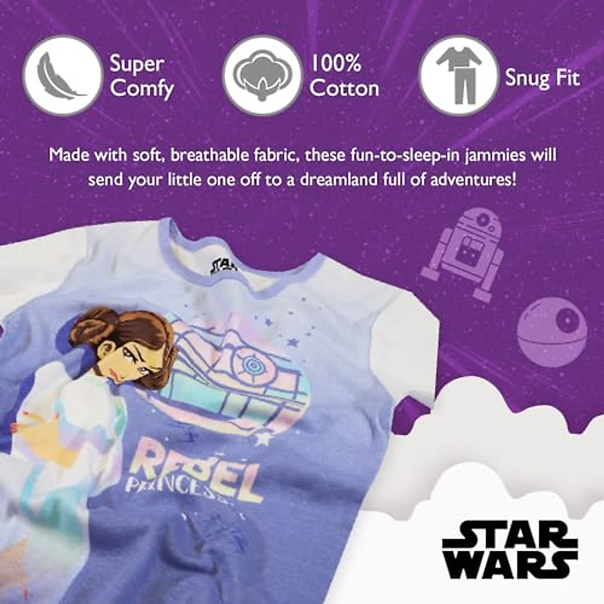 STAR WARS Girls' Princess Leia 2-Piece Snug-fit Cotton Pajamas Set, REBEL PRINCESS, 2T