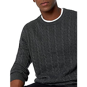 Amazon Essentials Men's Crewneck Cable Cotton Sweater, Charcoal Heather, Large