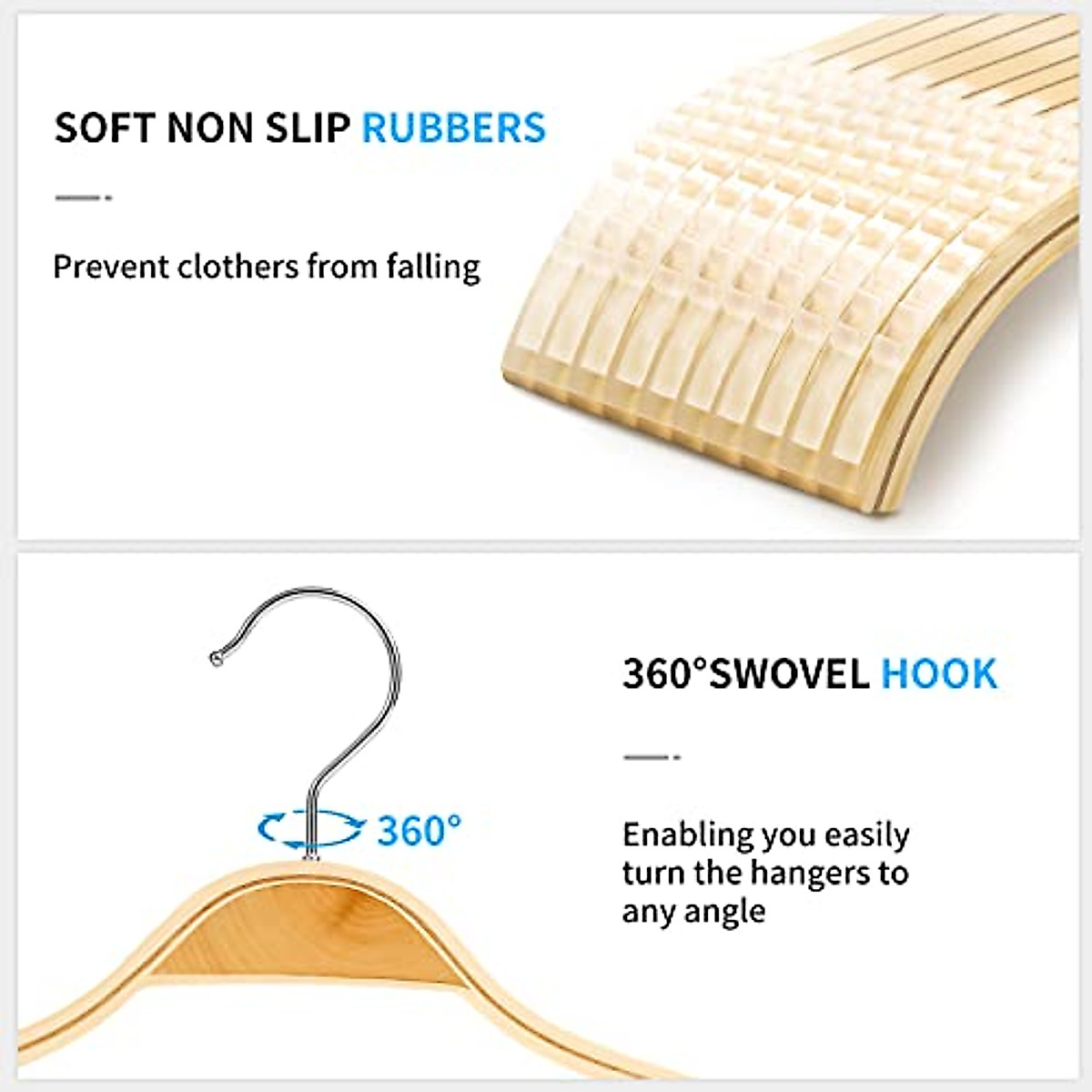 KihampHome Super Durable Natural Wood Hangers(20pcs) Space Saving with Extra Smooth Finish and No Bulge Shoulder Design,Heavy Duty Hangers with Non Slip Stripes,Perfect for Coat,Sweater and Shirt