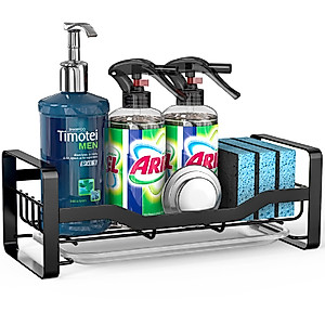 Utobao Sponge Holder for Kitchen Sink(Lengthen),Kitchen Sink Caddy Organizer,Dish Sponge Soap Dispenser Holder for Countertop,304 Stainless Steel Kitchen Accessories with Drain Tray-Black
