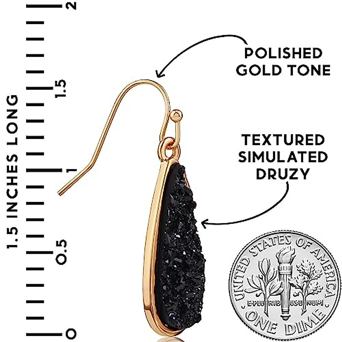 Humble Chic Simulated Druzy Drop Dangles - Sparkly Long Teardrop Dangly Earrings for Women, Gold - Black Stone