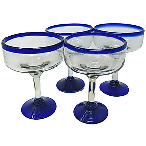 Dos Sueños Mexican Hand Blown Glass - Set of 4 Hand Blown Margarita Glasses - Cobalt Blue Rim (16 oz)