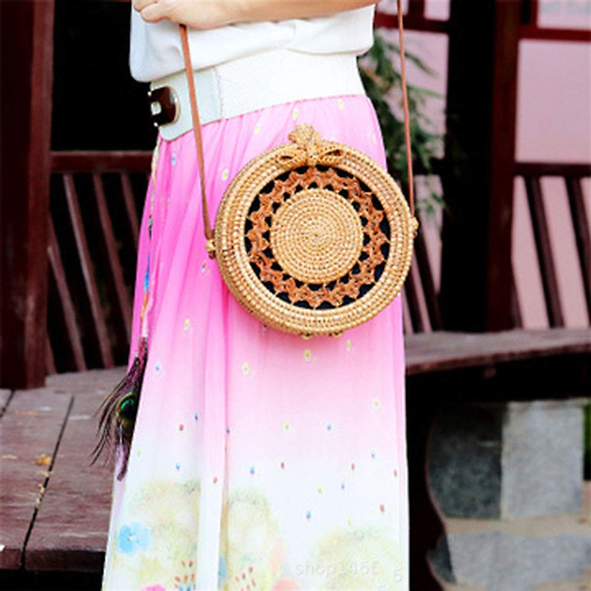 BaellerryRound Woven Ata Rattan Bag Summer Beach Shoulder Bag for Women, Beige, Medium