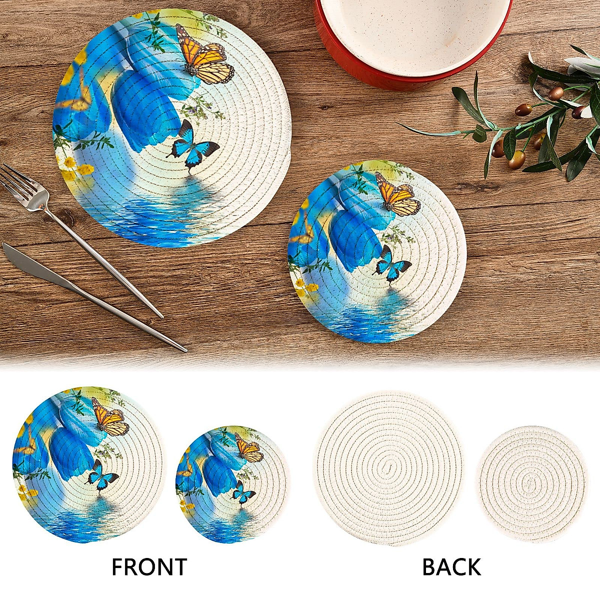 Kigai Blue Tulips with Mimosa and Butterfly Round Pot Holders Trivets Set 2 Pcs, 100% Cotton Thread Weave Trivets for Hot Dishes,Pot,Bowl,Teapot,Plates