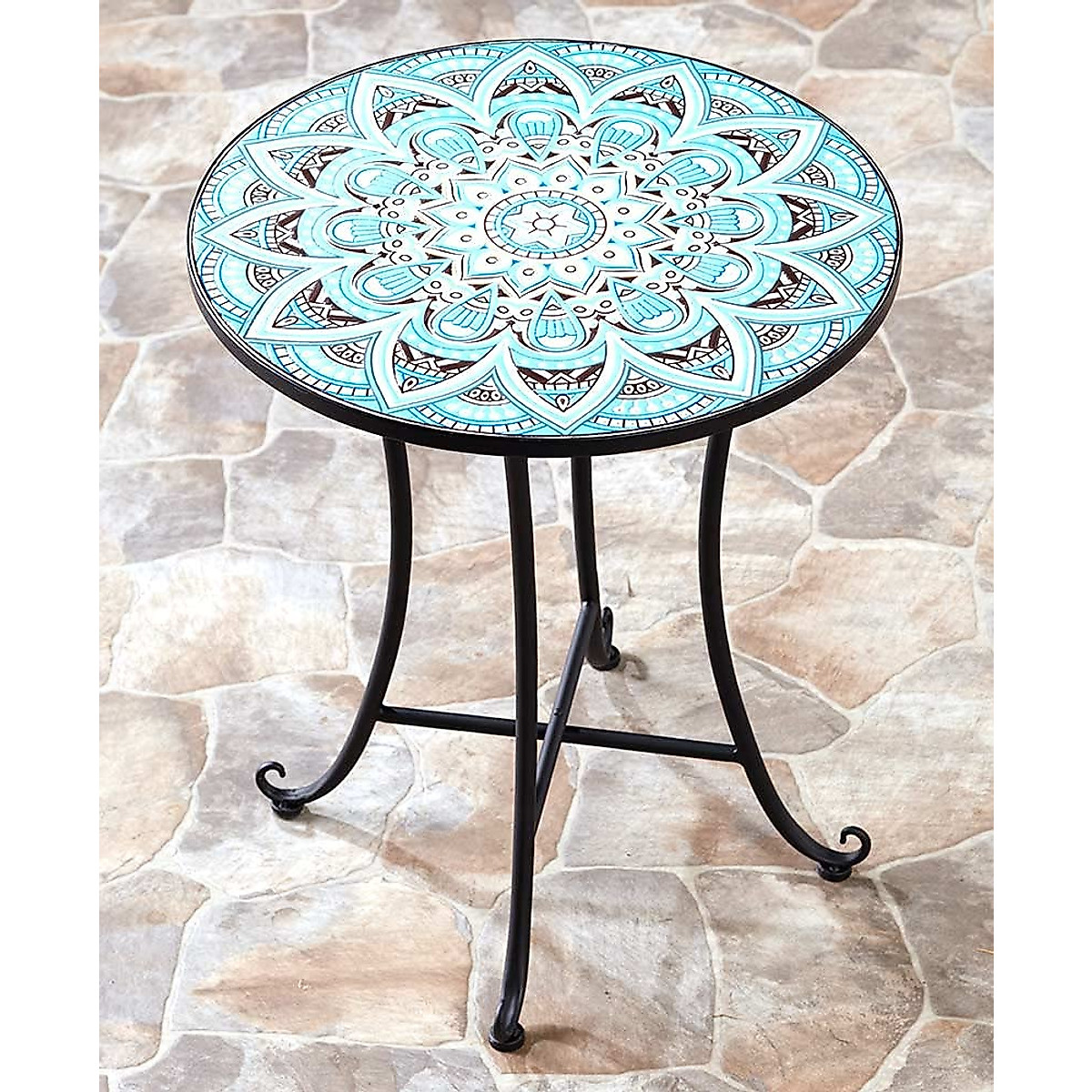 The Lakeside Collection Metal Folding Patio Table with Decorative Tile Mosaic - Black