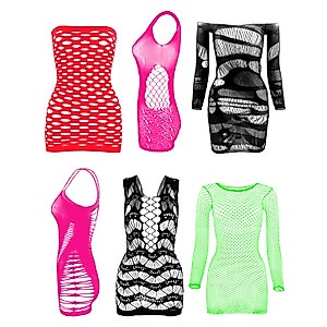 LEMON GIRL 6 Pieces Women's Fishnet Lingerie Top Mesh Babydoll Chemises Dress General Size
