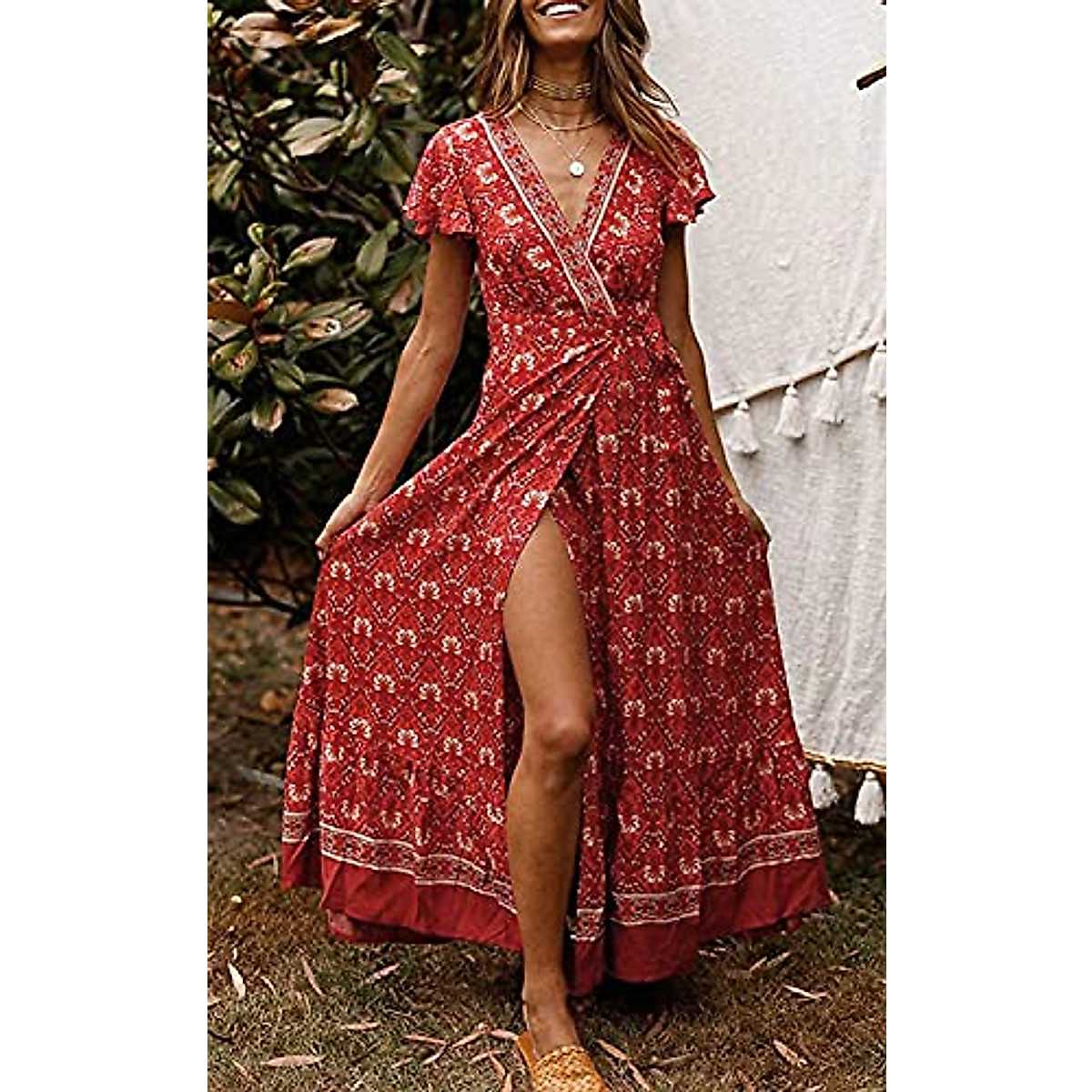 ZESICA Women's 2023 Bohemian Floral Printed Wrap V Neck Short Sleeve Split Beach Party Maxi Dress,Red2,Medium