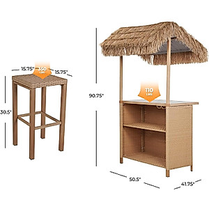 Grand patio Outdoor Tiki Bar Set with Widen Ceramic Top (42" W), Phuket 5-Piece Wicker Islander Tiki Bar and 4 Stools Storage for Garden, Natural