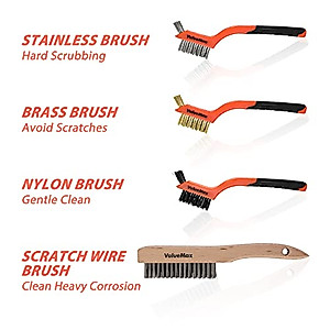 ValueMax Wire Brush Set, 8Pcs Stainless Steel/Brass/Nylon Bristles with Curved Handle Grip, Heavy Duty Stainless Steel Wire Scratch Brush with Beechwood Handle for Rust, Dirt and Paint Cleaning