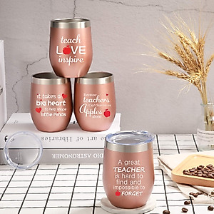 Patelai 4 Pcs Teacher Appreciation Gift Back to School Gift Personalized Thank You Teacher Coffee Mug Birthday Christmas Gifts for Women Men, 12 oz Wine Tumbler with Straws and Brushes (Rose Gold)