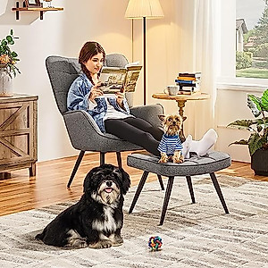 Yaheetech Accent Chair with Footrest, Armchair and Ottoman with High Back and Metal Legs Single Oversized Sofa Club Chair and Ottoman Set for Living Room Bedroom Office, Grey