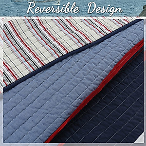 Cozy Line Home Fashions Navy Blue Red Striped Boy 100% Cotton Reversible Quilt Bedding Set, Coverlet, Bedspread (Harlan, Queen - 3 Piece)