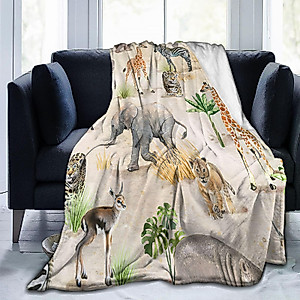 Zoo Animals Blanket African Safari Animals Elephant Tiger Giraffe Zebra Rhinoceros Decor Throw Blanket Gifts for Girls Boys Women Super Warm Soft Plush Fleece Flannel Blanket for Kids Adults 50"X40"