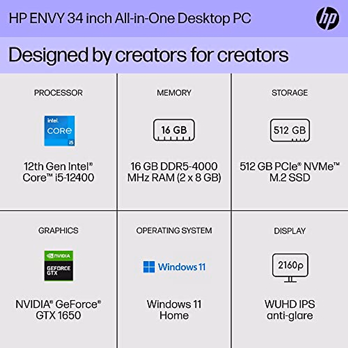 HP Envy 34 inch All-in-One Desktop PC, WUHD Display, Intel Core i5-12400, 16 GB RAM, 512 GB SSD, NVIDIA GeForce GTX 1650 Graphics, Windows 11 Home, 34-c1010 (2023),Silver