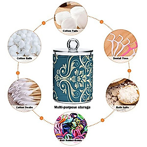 WELLDAY Apothecary Jars Bathroom Storage Organizer with Lid - 14 oz Qtip Holder Storage Canister, Baroque Damask Teal Clear Plastic Jar for Cotton Swab, Cotton Ball, Floss Picks, Makeup Sponges,Hair C