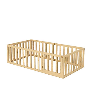 Harper & Bright Designs Twin Floor Bed for Kids, Montessori Bed Frame with Guardrails and Door, Wooden Floor Twin Bed for Kids, Boys Girls(Twin Size, Natural)