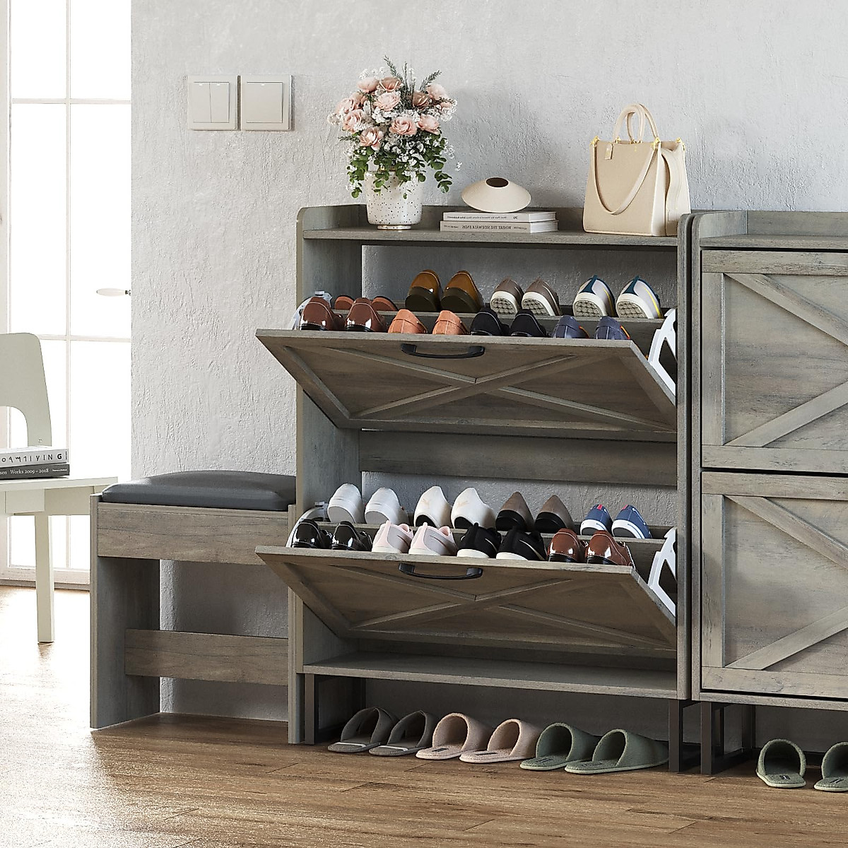 Maupvit Shoe Storage Cabinet with 2 Flip Drawers and Removable Shoe Bench, Farmhouse Shoe Organizer with Metal Legs, Narrow Slim Shoe Rack Cabinet for Entryway,Grey