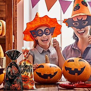 150 Pcs Halloween Cellophane Treat Bags for Kids with Twist Ties, 6 Styles Clear Candy Cookie Bags for Trick or Treat, Goodie bags for Halloween Party Favors Supplies