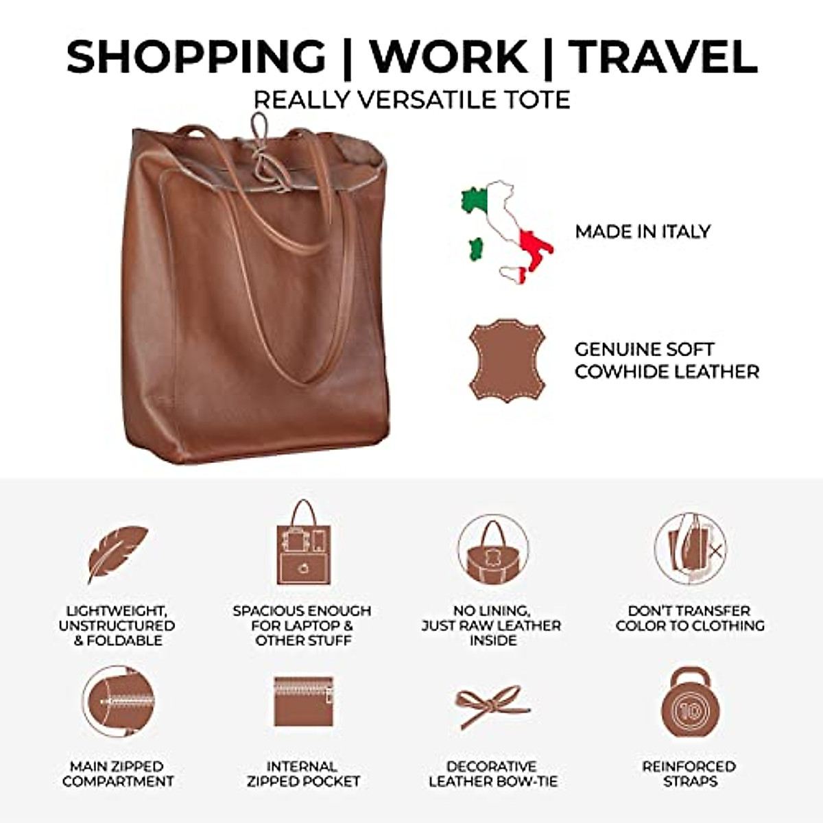 TAKEASY Women's Genuine Leather Italian Tote Bag with Zipper - Large Handbag for Shopping, Work and Travel (Camel)