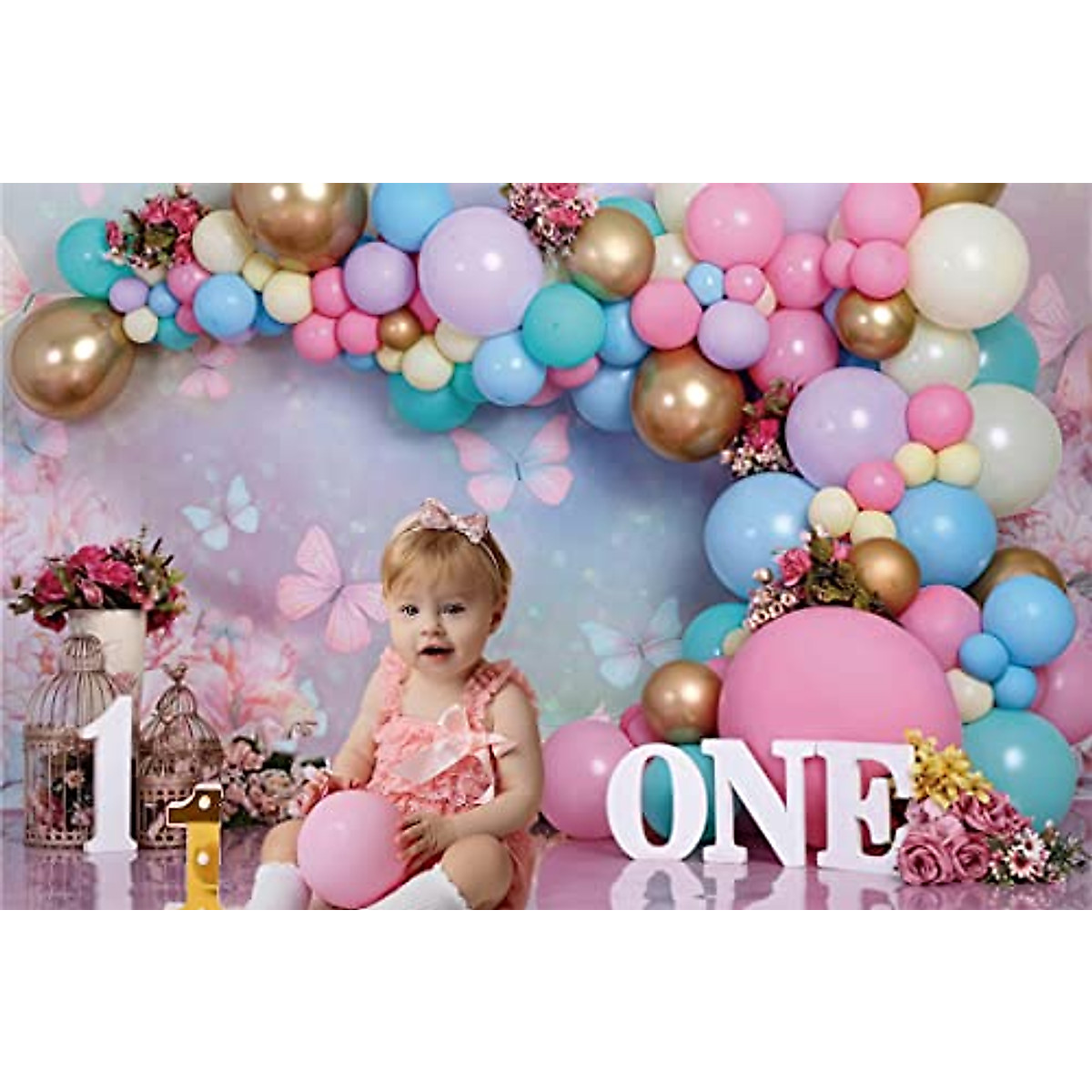 First Birthday Backdrop for Girl Pink Purple Balloon Backdrops for Photography Cake Smash Background for Baby Girl Flowers Butterfly Kids1st Birthday Banner Decorations 7x5ft