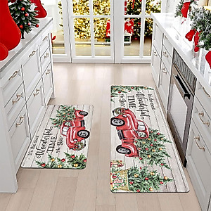 U'Artlines 2Pcs Christmas Anti Fatigue Kitchen Rugs and Mats, Red Truck Tree Non Slip Foam Cushioned Farmhouse Kitchen Floor Mats Comfort Standing Mats for Winter Home Decor